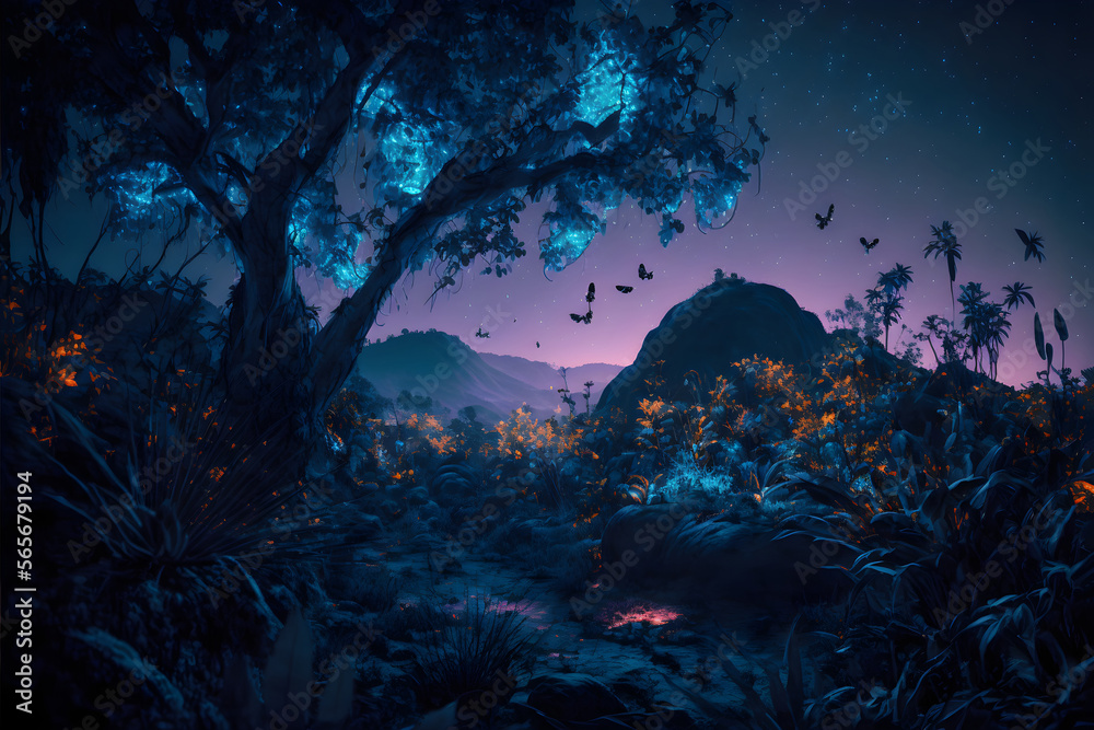 Neon glowing insects in avatar planet pandora at night. glowing dots at ...