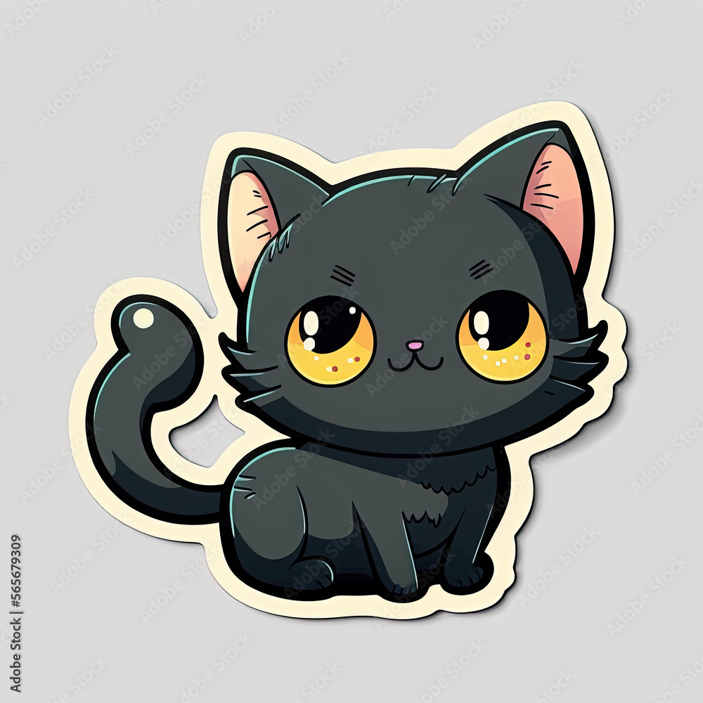 Cute black cat 2D illustration, cartoon kitten icon. Sticker style. Ai ...