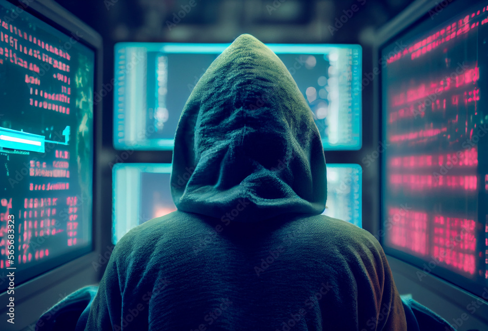 Dangerous hooded hacker breaks into data servers and infects their system with a virus. Dark ...