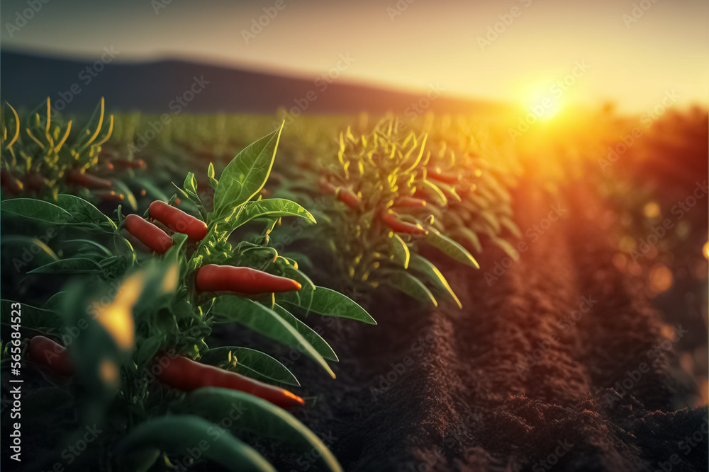 Red chili pepper agriculture harvesting. Background with a field of ...