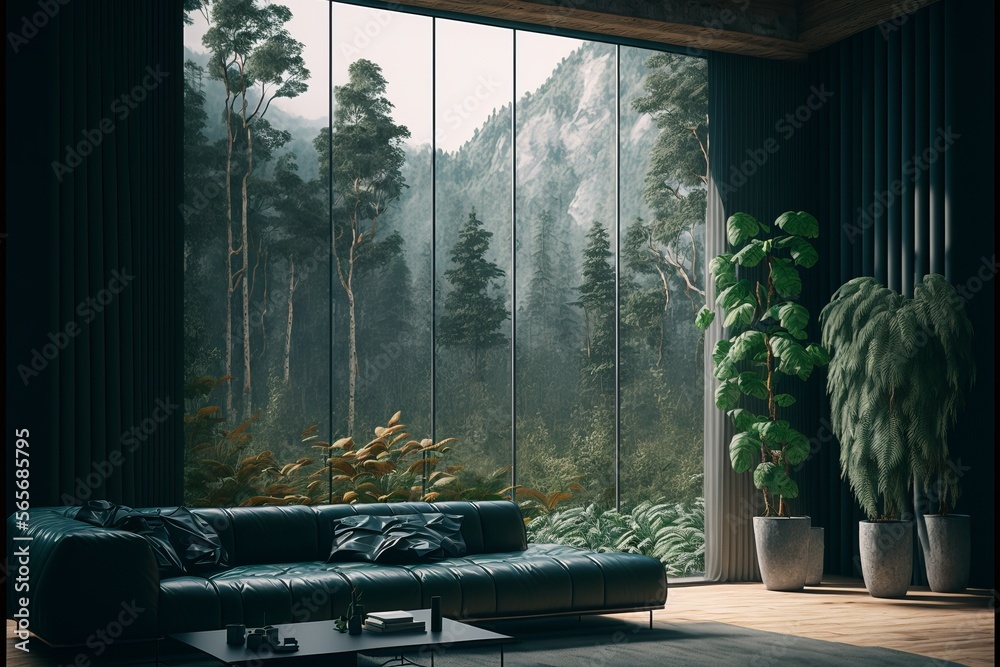 Stunning interior with large panoramic window overlooking the forest ...