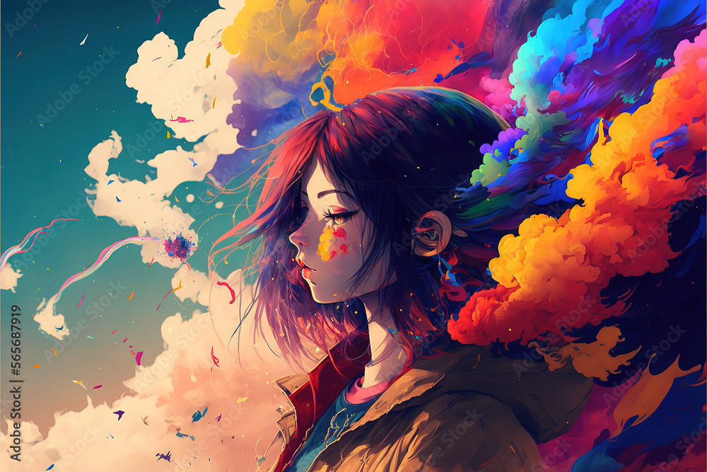 Chinese anime girl vaping clouds of rainbow, Generative AI #3 Stock ...