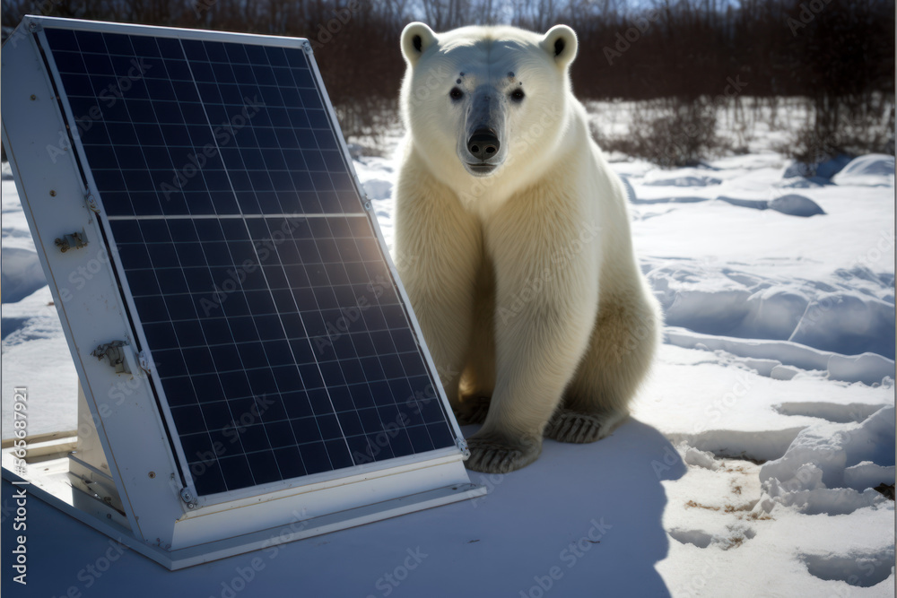 Ilustrace „Polar bear next to solar panel, symbolizing the ...