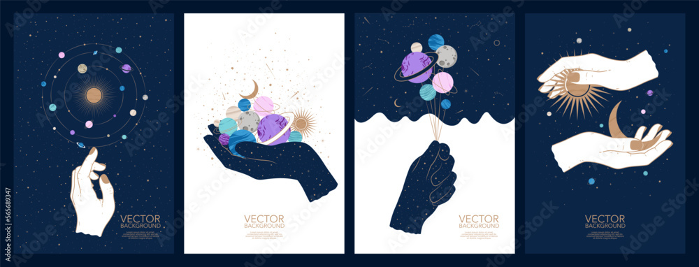 Collection of space esoteric mystery magic cards and posters. Hand ...