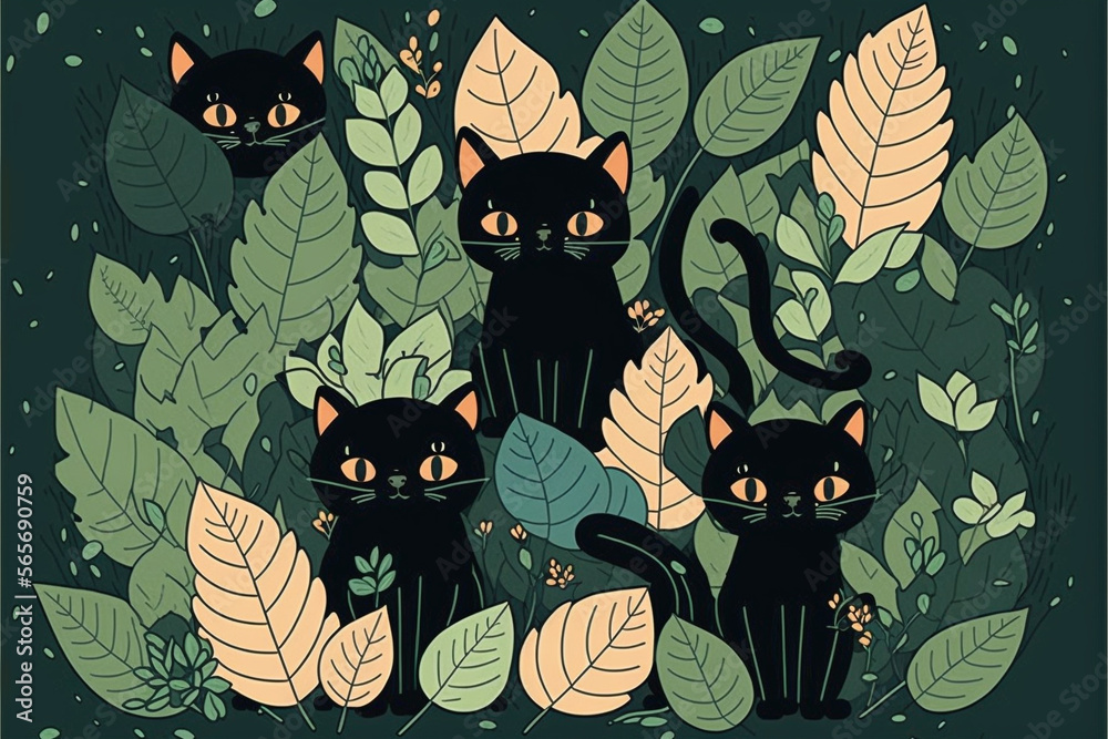 pattern with cats, illustration of set of cartoon black cats, Flat ...