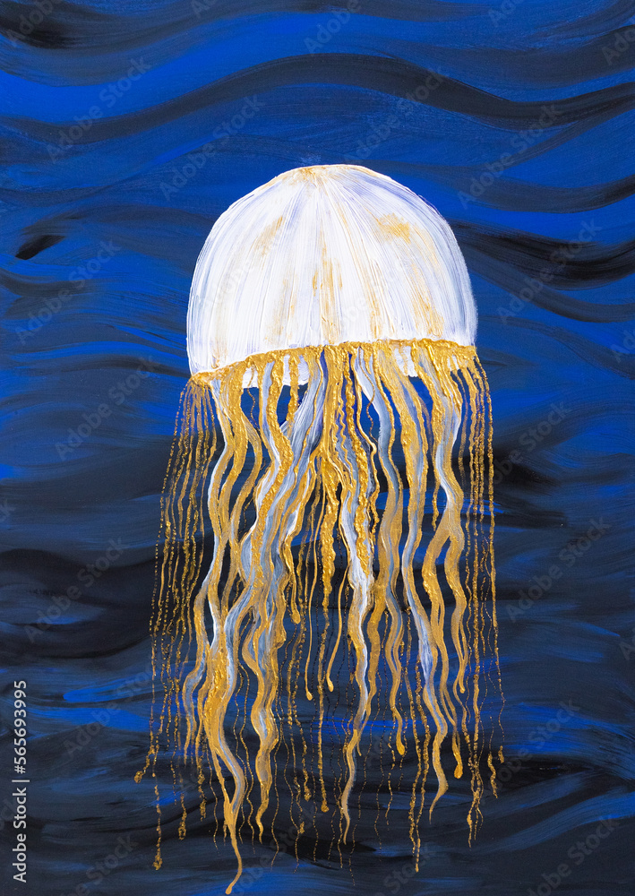 Drawing of bright glowing neon jellyfish, underwater landscape ...