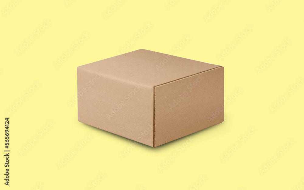 Single cardboard box mockup. Isolated on yellow pastel background ...