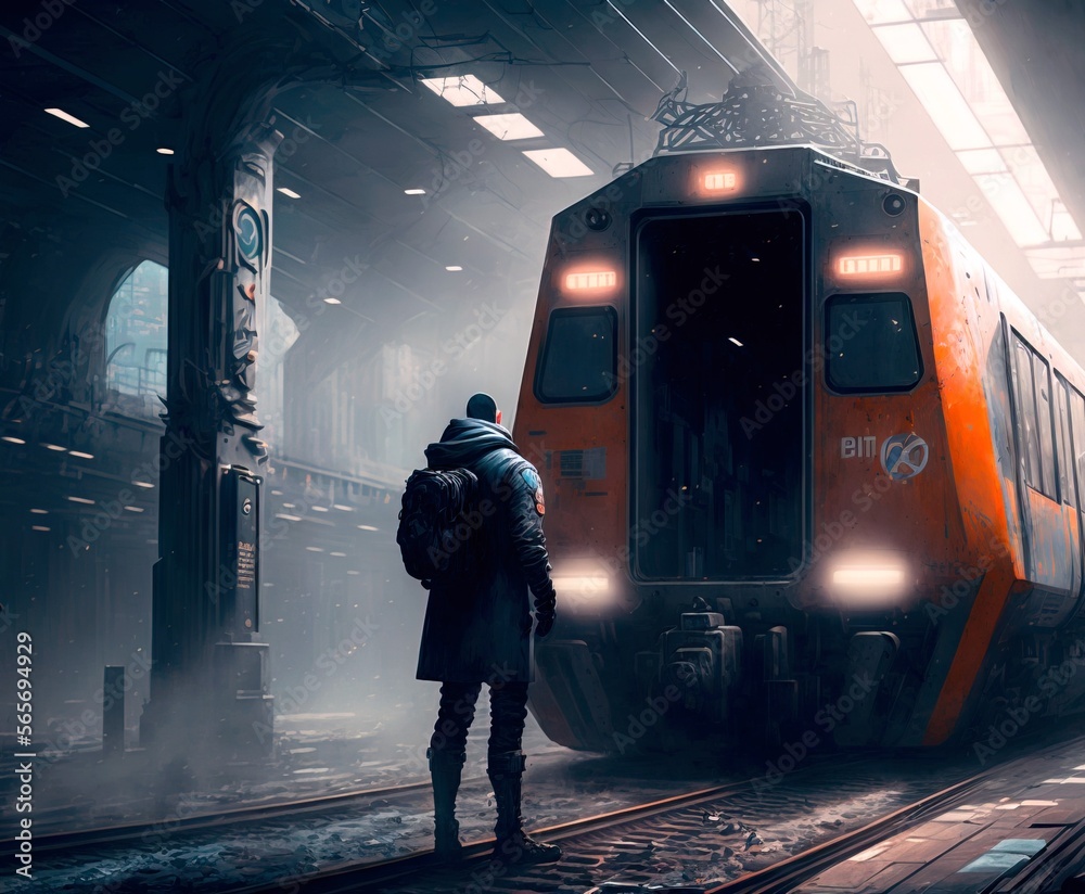 A futuristic train on the railway tracks in a haze hiding the city of ...