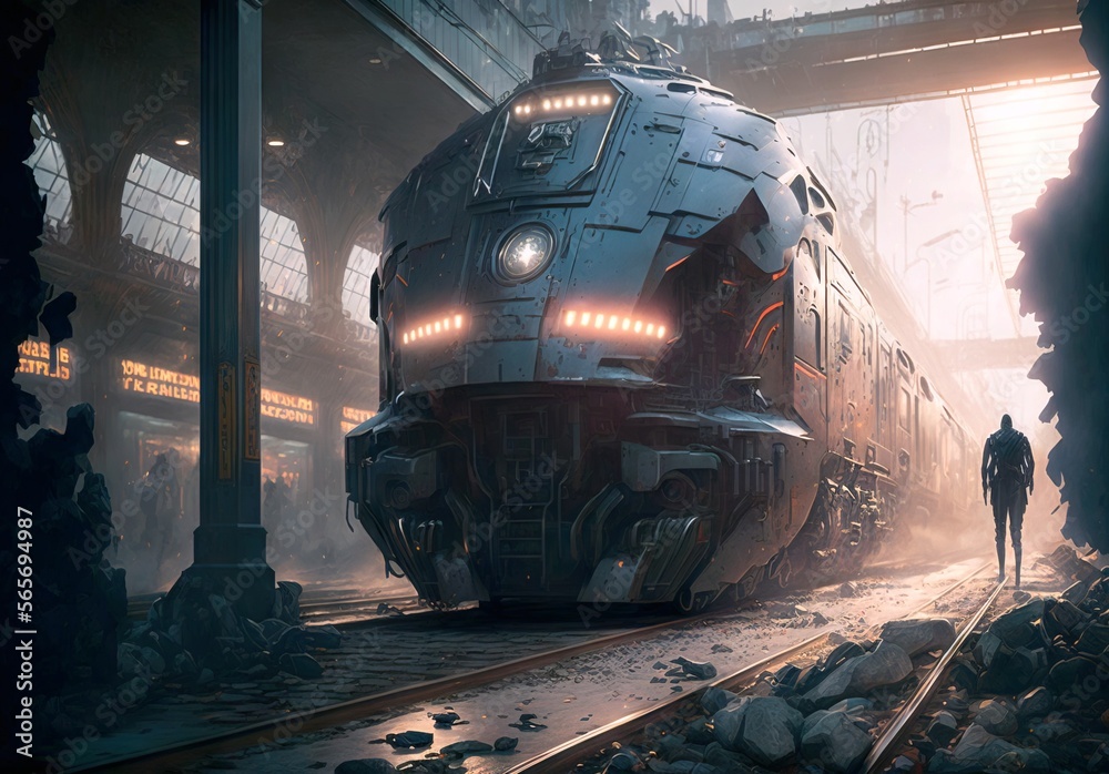 A futuristic train on the railway tracks in a haze hiding the city of ...