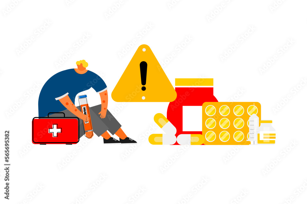 Cartoon of beware drug allergy and anaphylaxis reaction. Stock Vector ...