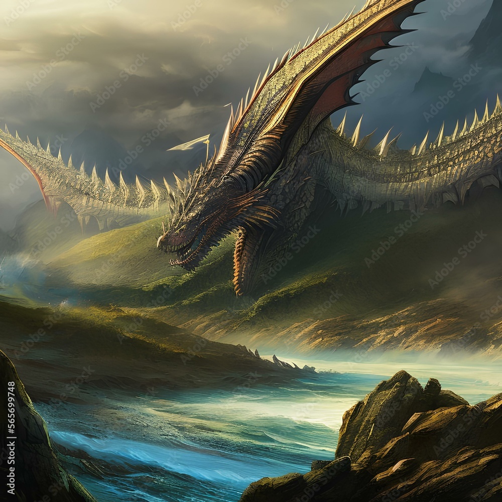 Terrible fantasy scene of a giant dragon attacking a kingdom3 ...