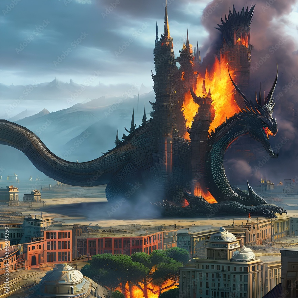 Terrible fantasy scene of a giant dragon burning down a city1 ...