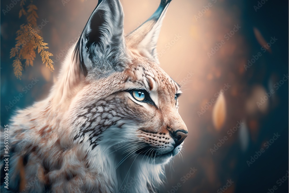 a painting of a lynx with blue eyes and a leafy background is shown in ...