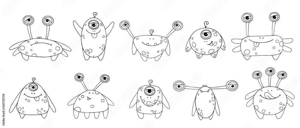 Linear sketches, coloring pages of little cute monsters, mutants ...