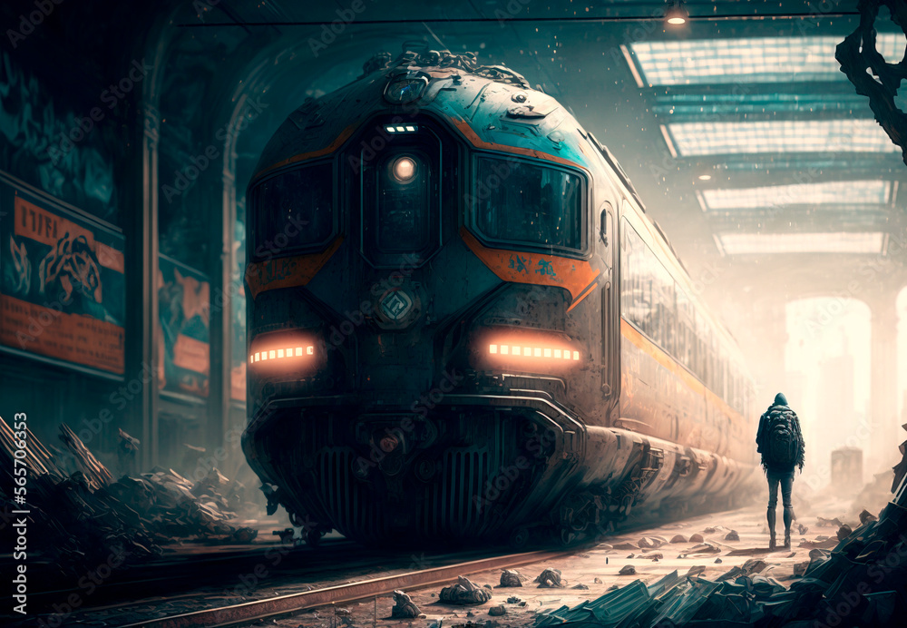 A futuristic train on the railway tracks in a haze hiding the city of ...