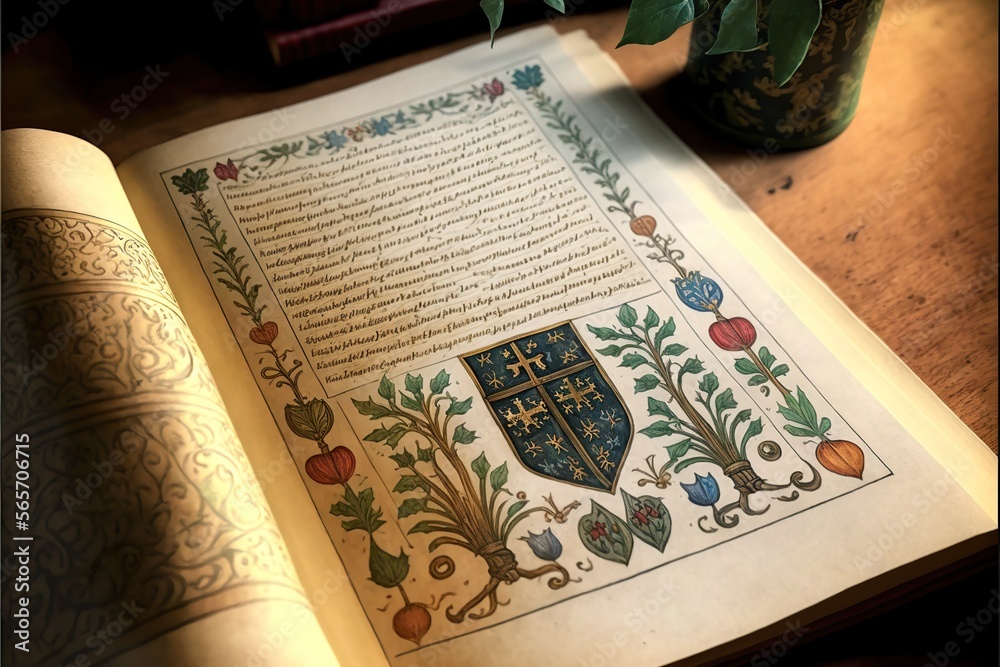 Hand written medieval book with illustrations, created with Generative ...