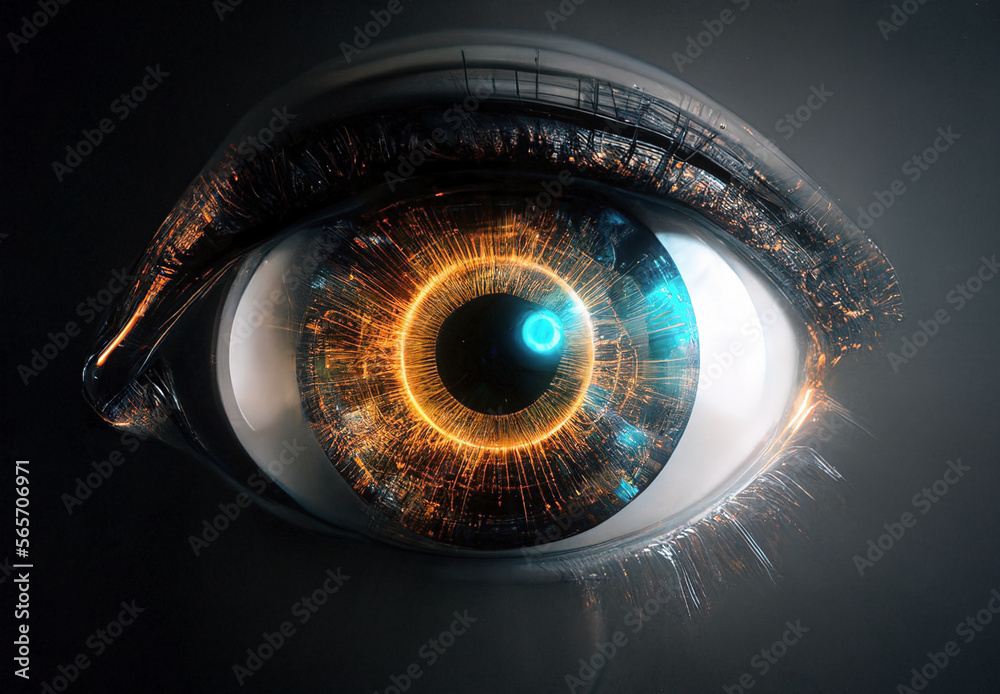 close up cyber electronic eye surveillance and security with lights ...