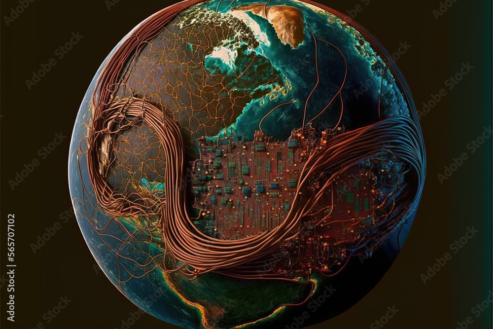 Planet earth from space circuits computer chips and wires, digital ...