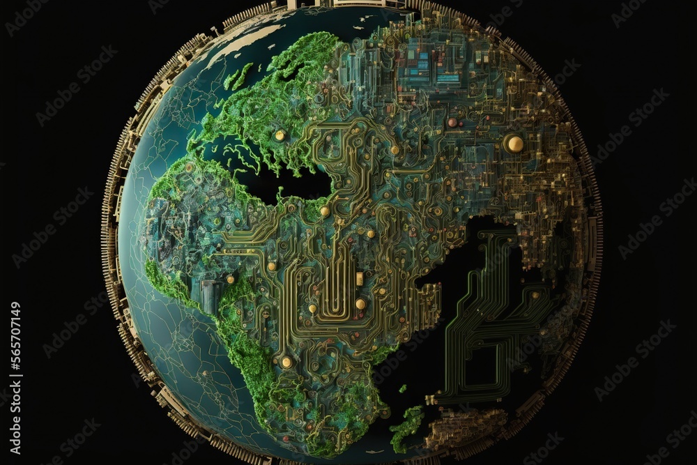 Planet earth from space circuits computer chips and wires, digital ...