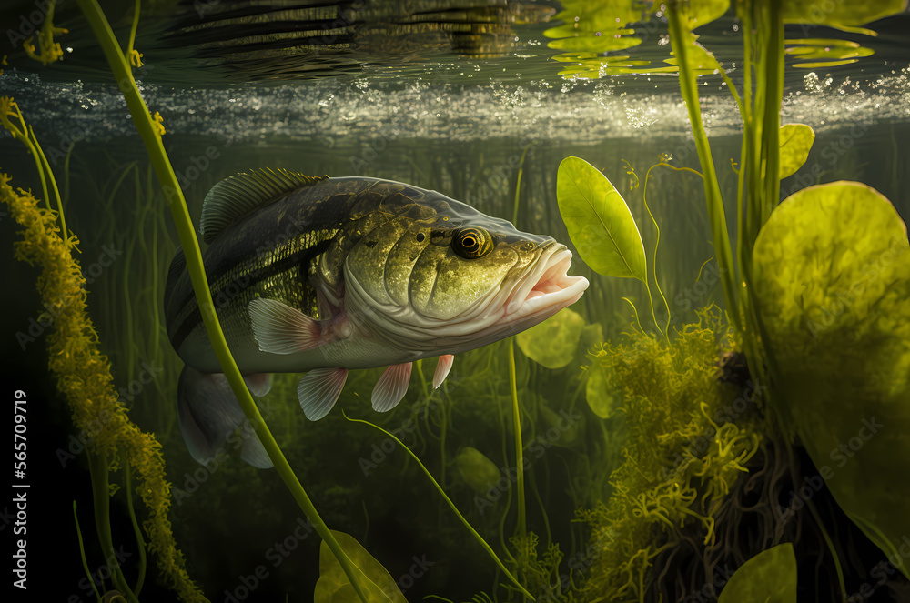 Predatory fish Largemouth bass in habitat under water looking for prey ...