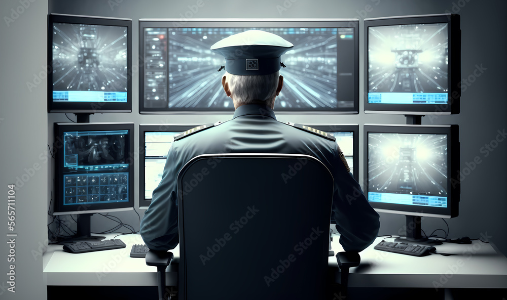 Security guard monitoring Computer Screen CCTV cameras indoors ...