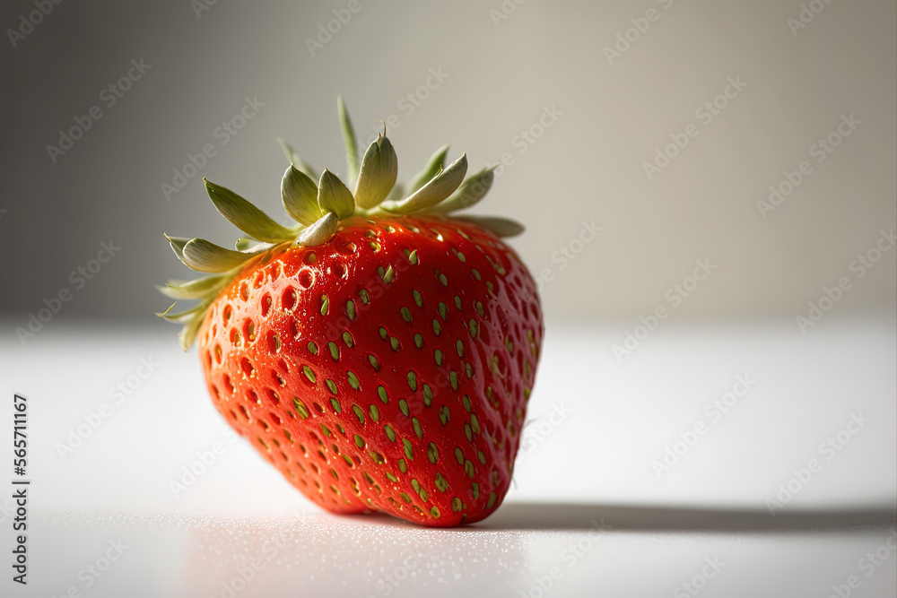 a single strawberry sitting on a table with a shadow on it's surface ...