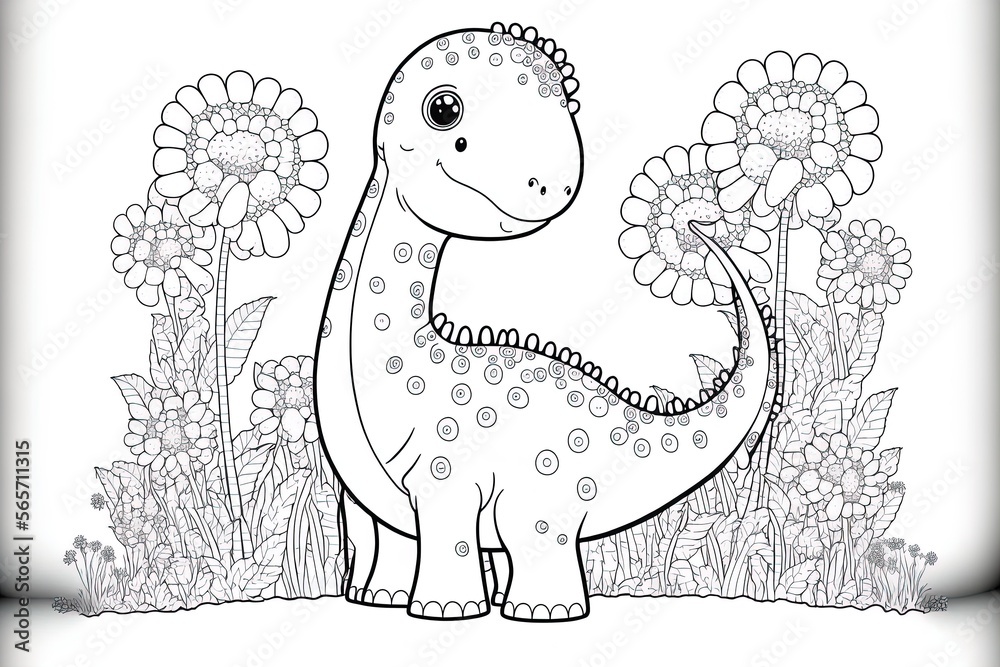 Cute baby dinosaur coloring page template. Cute diplodocus on abstract ...