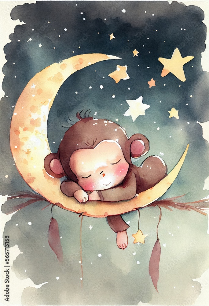 baby monkey dreaming surrounded by the moon, clouds and stars ...