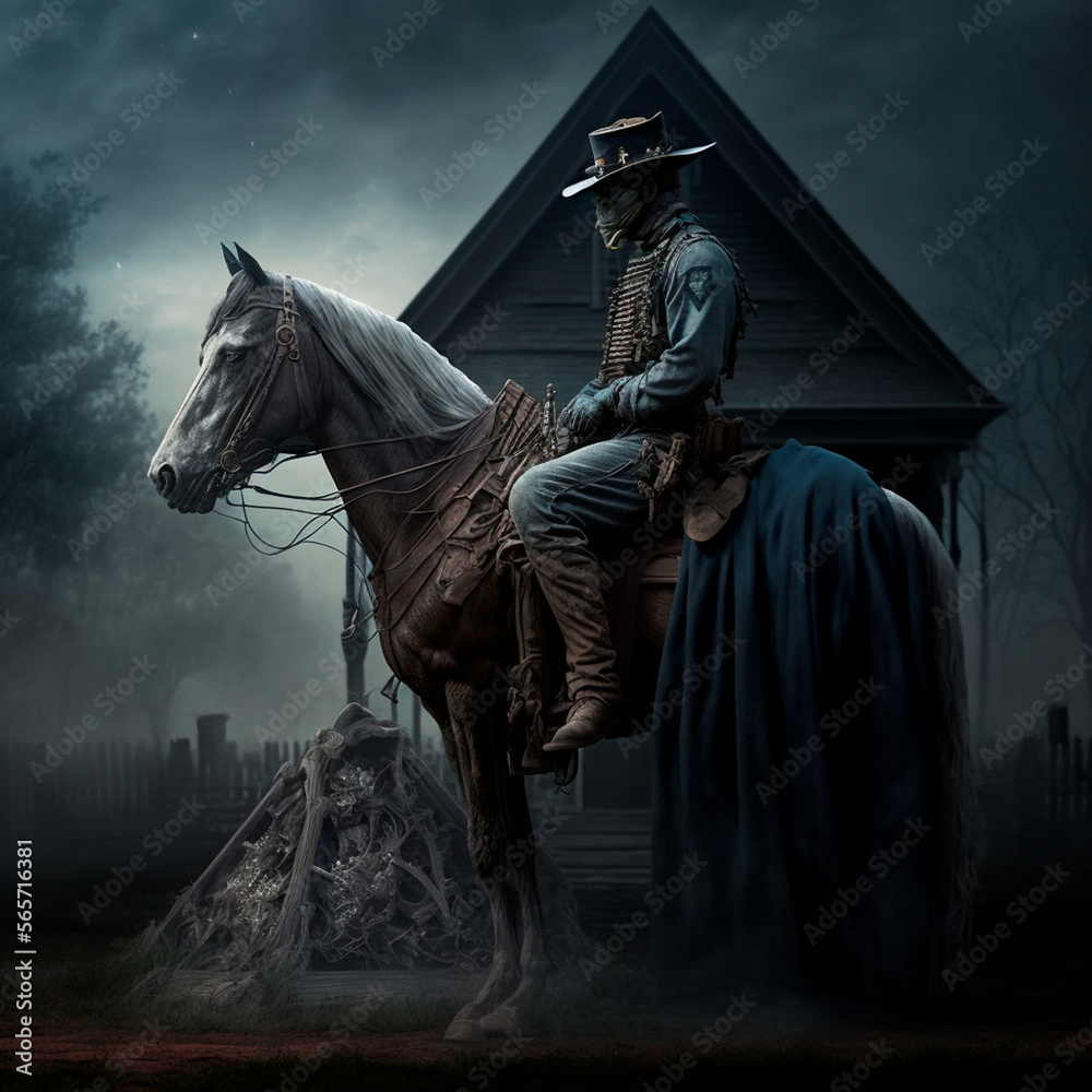 ghost of the American Civil War strolling at night in a cemetery ...