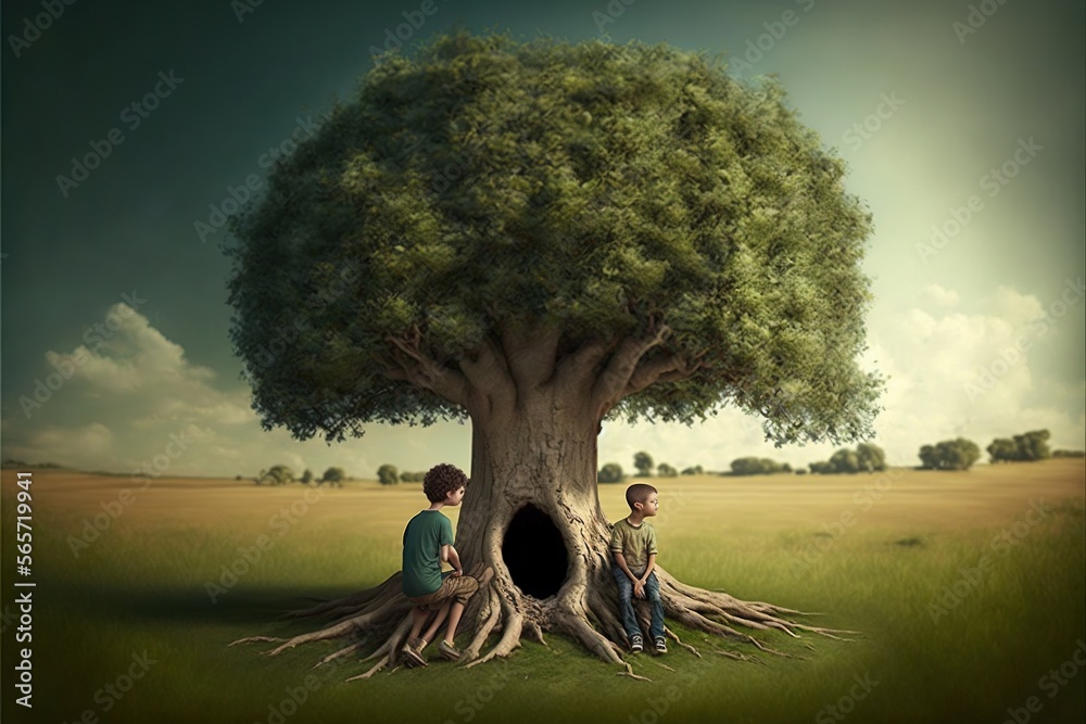 two children sitting on a tree trunk with a hole in the ground in the ...