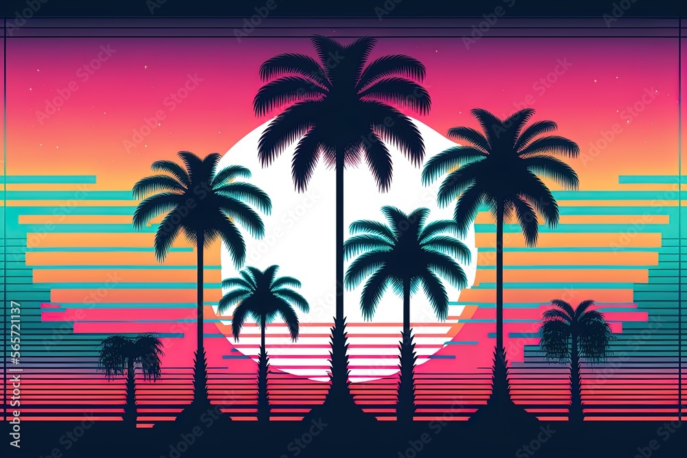 Advertising vintage palm trees scene from the 1980s, with a sci-fi ...