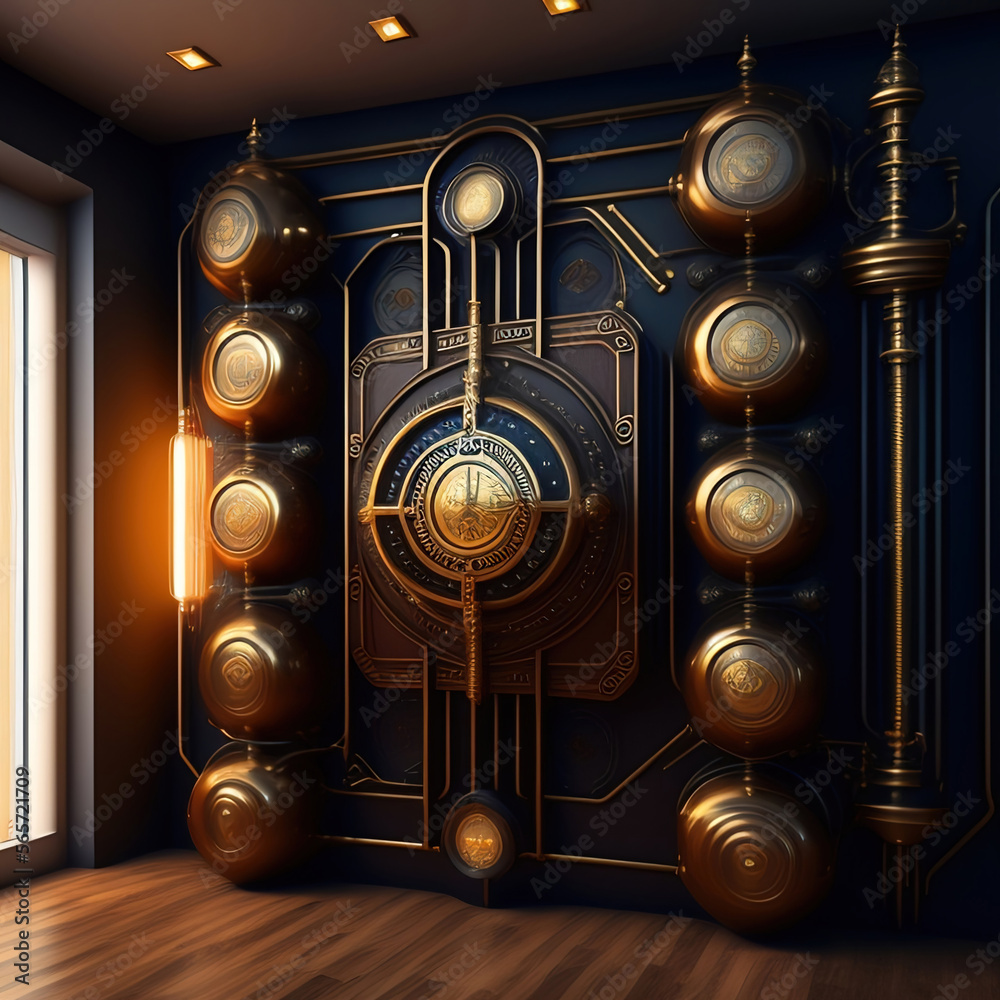 Generative AI: Metal steampunk wall with mechanism and metal. Abstract ...