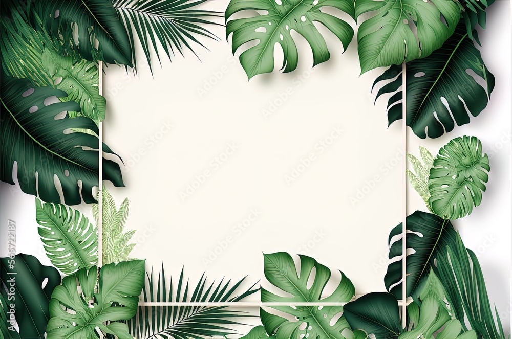 Tropical plant, green, rectangular Background with a leafy border in ...