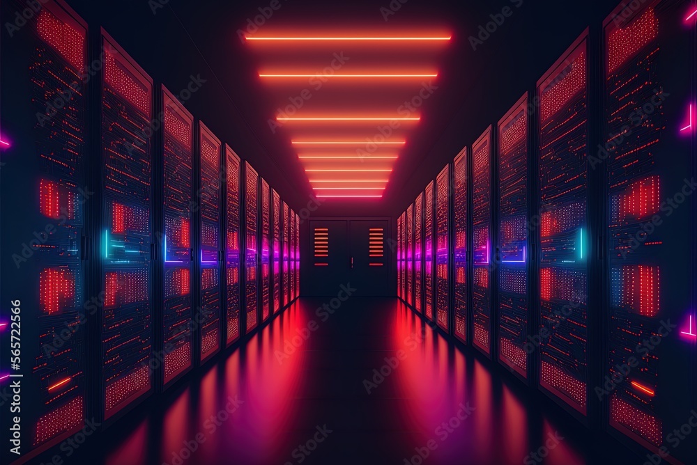 Fantastic supercomputer data center with abstract neon glimmering ...