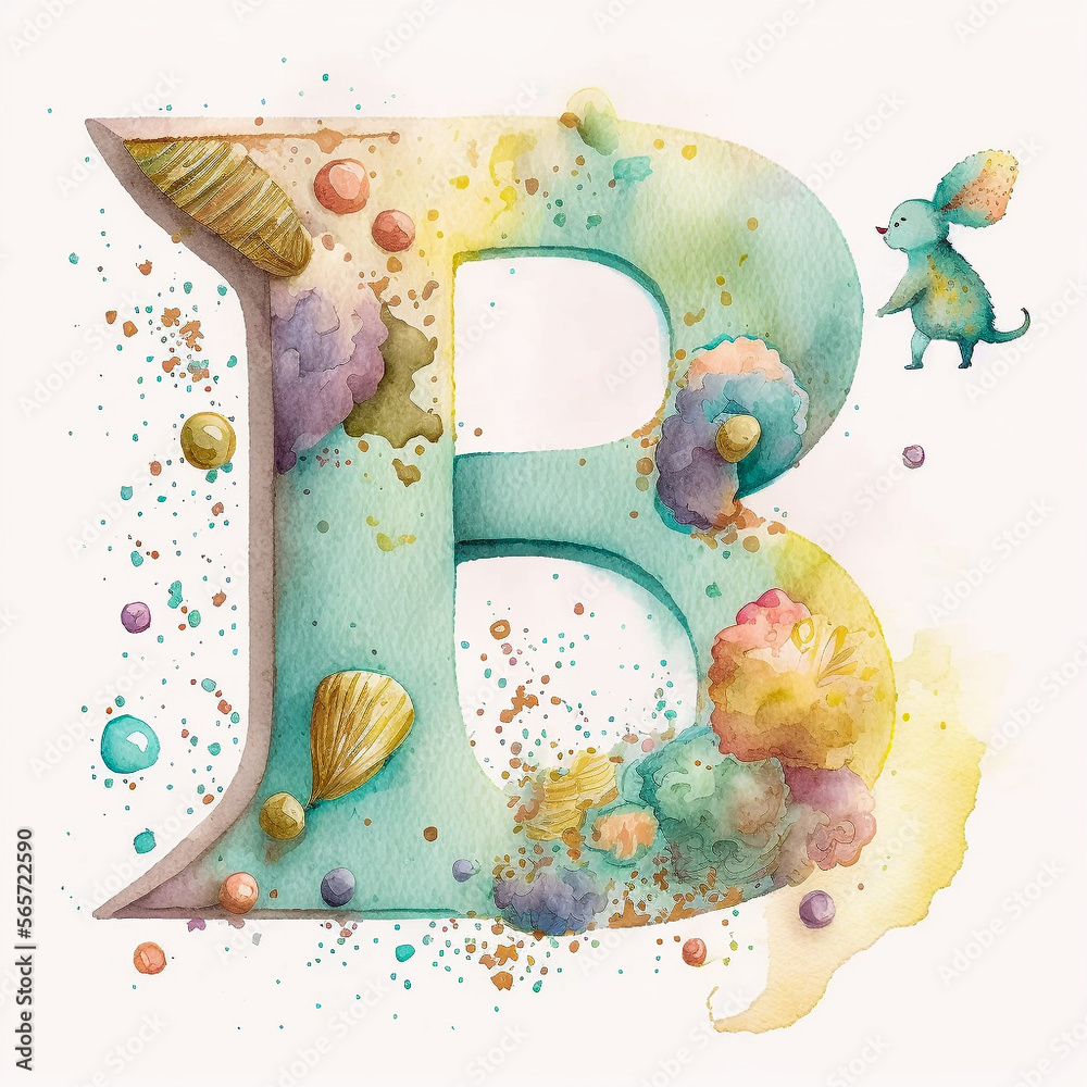 Letter B in children's style watercolor illustration in pastel colors ...