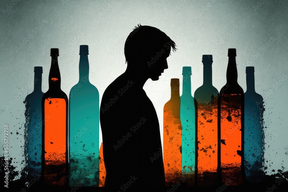 Alcoholism concept. silhouette of a sad man on the background of ...