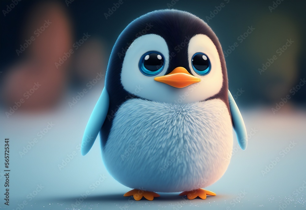 Cute baby penguin in cartoon style with big eyes on the snow.Stylized ...