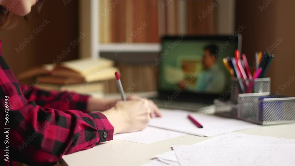 distance learning online education. girl student studying at home on a ...