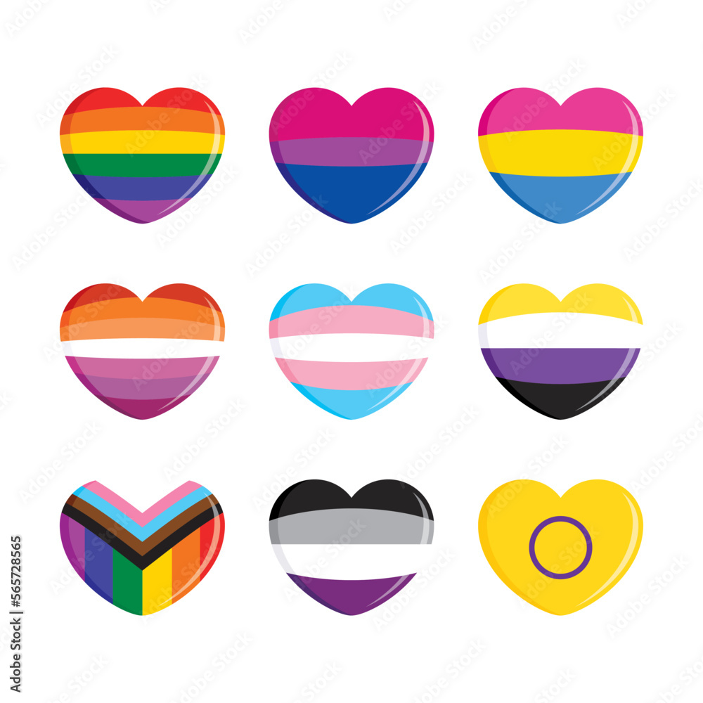 Different Sexual Identity Lgbt Pride Flag In Heart Shape Icon Set
