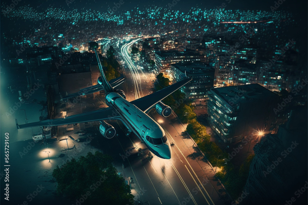 airplane landing in city night scene, AI generated artwork Stock ...