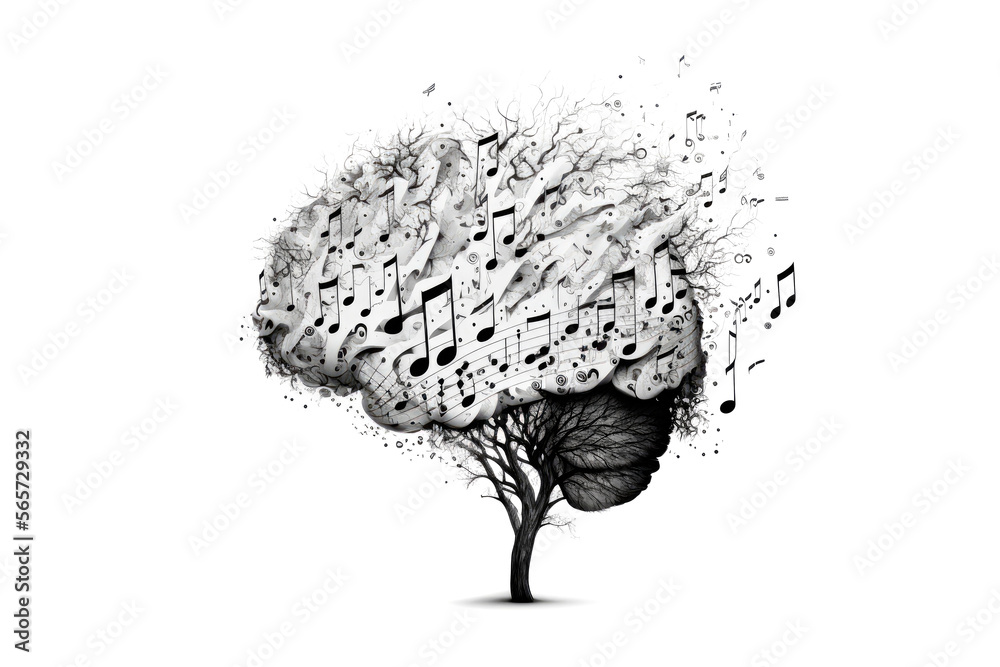 Illustration of model of human brain with musical notes on white ...