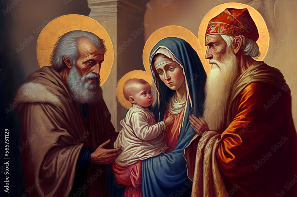 St. Simeon, Virgin Mary, Joseph and Christ on the Presentation of Jesus at the Temple. Candlemas ...
