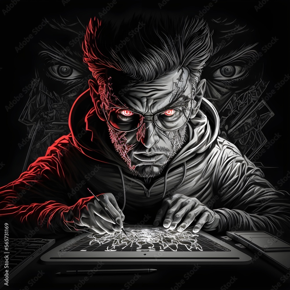 evil computer scammer man with evil eyes sitting in front of the screen ...