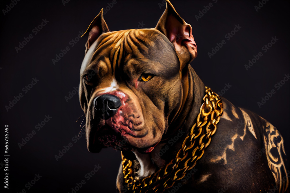 American Bully dog with gold chain on black background. Generative AI ...