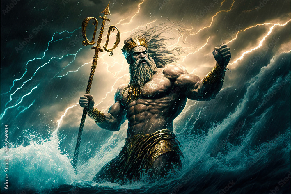 Giant Neptune Coming Out Of The Stormy Sea Roman Mythological God Wearing Gold Bracelets