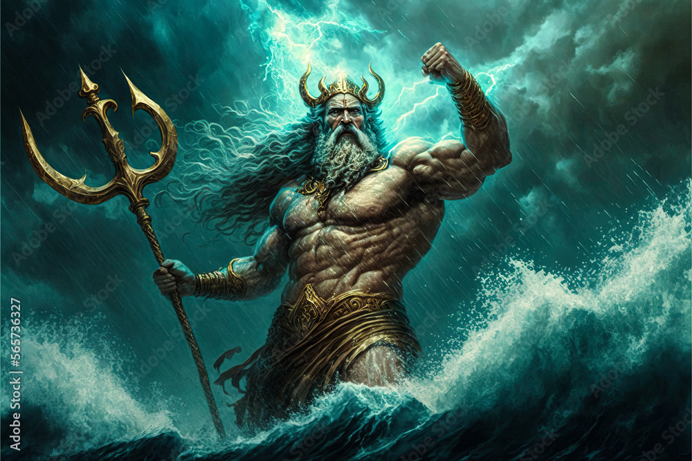 Giant Neptune coming out of the stormy sea. Roman mythological god ...