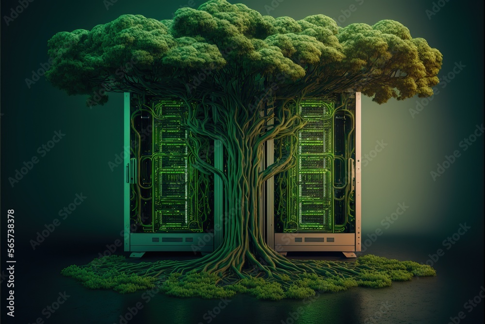 Bright server room with trees and grass growing out out of servers ...