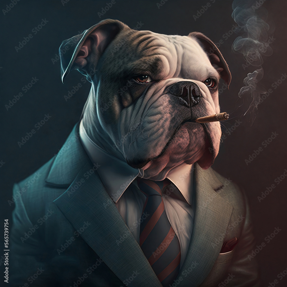Realistic dog in a suit, smoking a cigar, portrait generative ai Stock ...