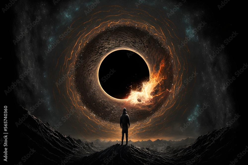 a man standing in front of a black hole Stock Illustration | Adobe Stock