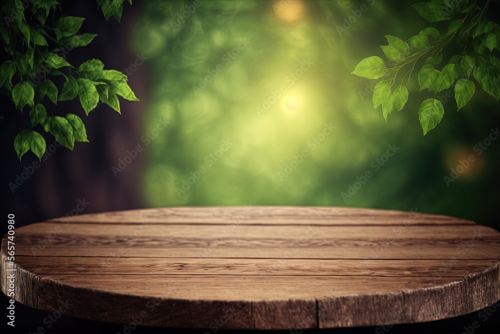 hazy backdrop of green greenery behind an ancient wooden table. Product ...